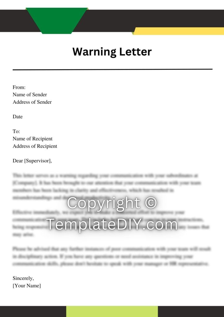Warning Letter to Supervisor for Poor Performance Sample