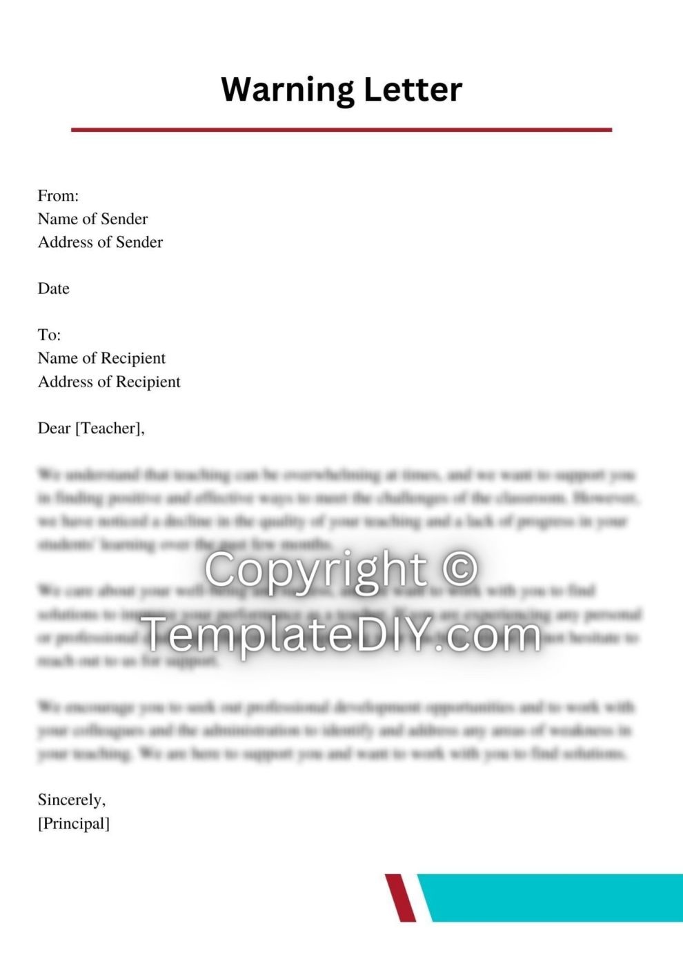 Warning Letter to Teacher for Poor Performance Sample [Word]