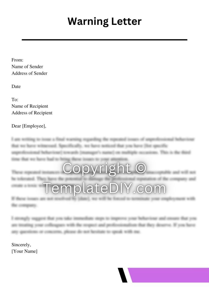 Warning Letter to Employee for Unprofessional Behavior with Manager