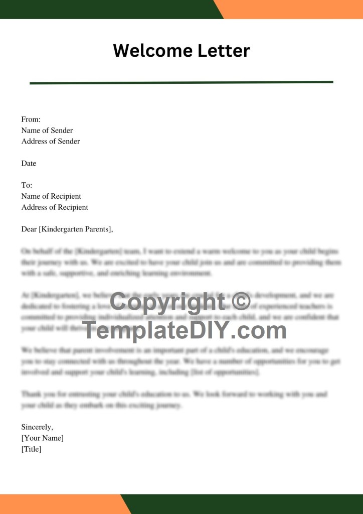 Welcome Letter for Kindergarten Parents Sample and Examples