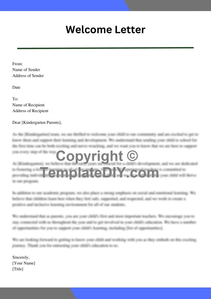 Welcome Letter for Kindergarten Parents Sample and Examples