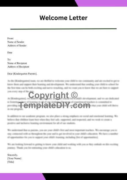 Welcome Letter for Kindergarten Parents Sample and Examples