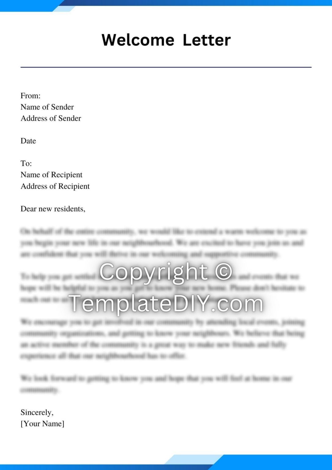 Welcome Letter for New Residents Sample Examples [Word]