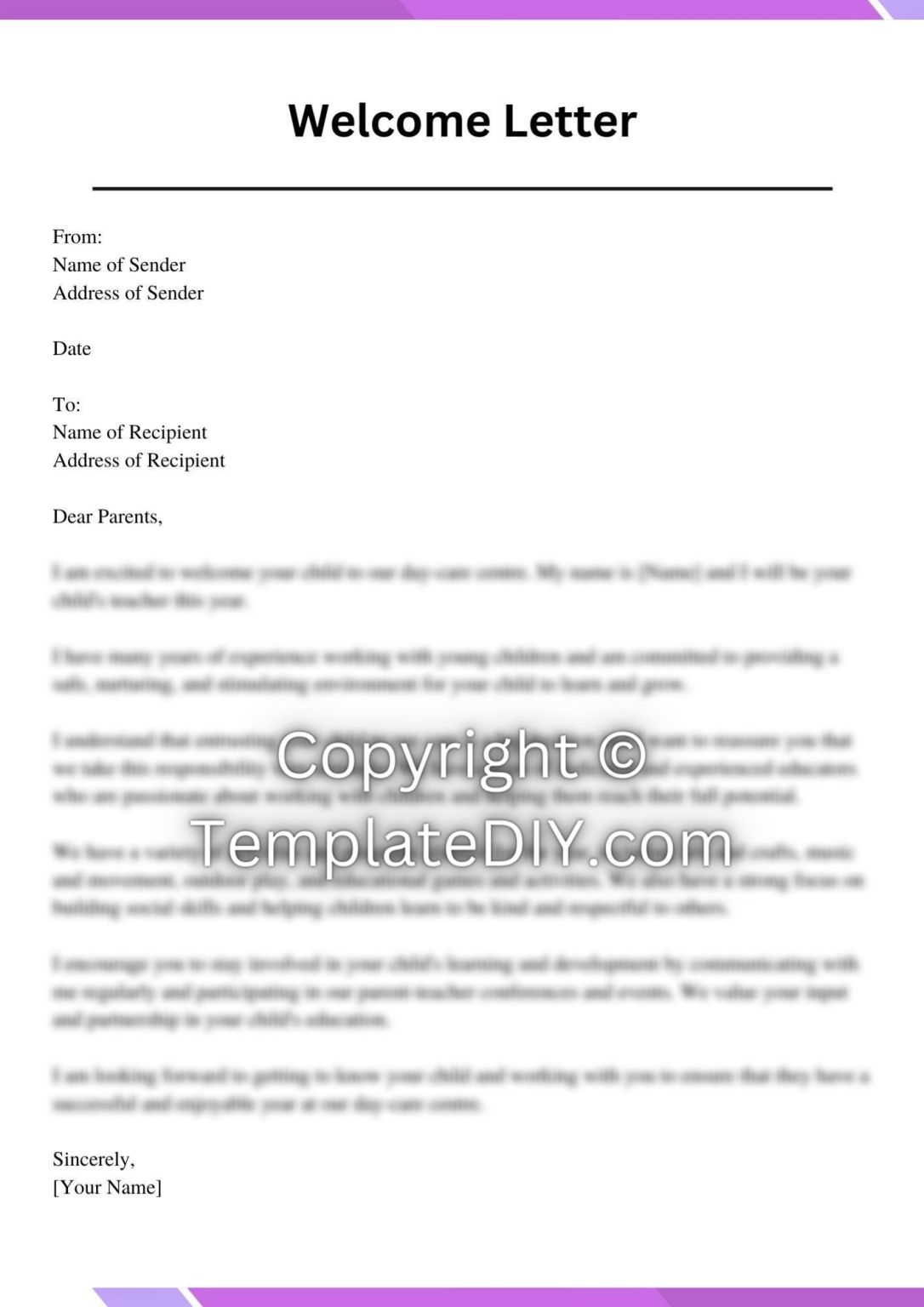 Welcome Letter to Parents from Daycare Teacher Sample