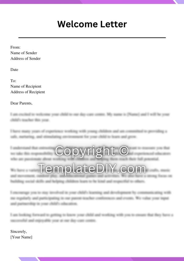 Welcome Letter to Parents from Daycare Teacher Sample