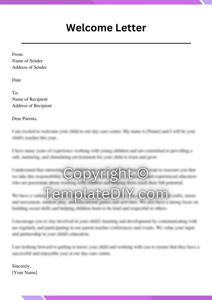 Welcome Letter to Parents from Daycare Teacher Sample