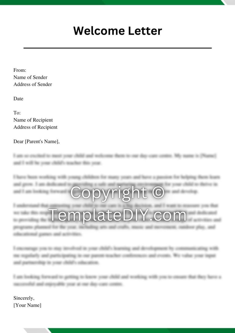 Welcome Letter to Parents from Daycare Teacher Sample