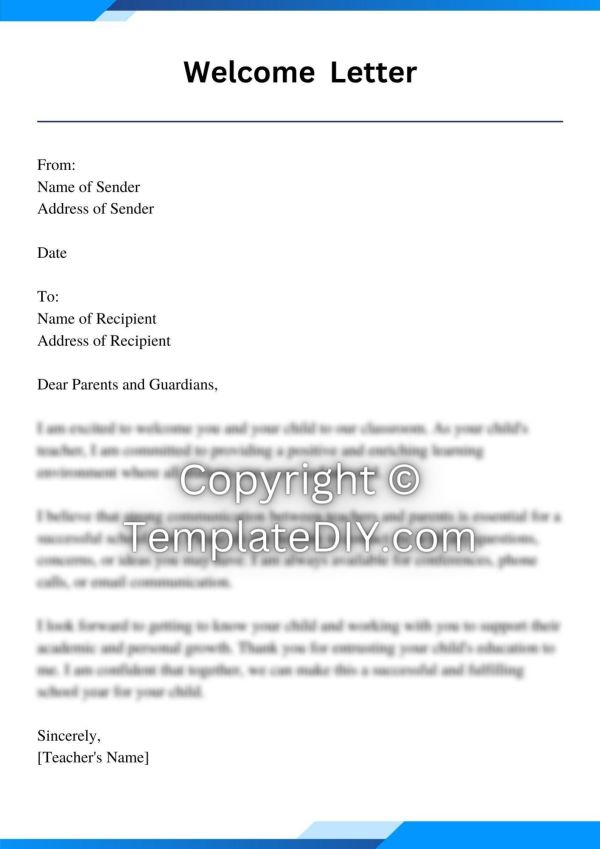 Welcome Letter to Parents from Teacher Sample [Word]