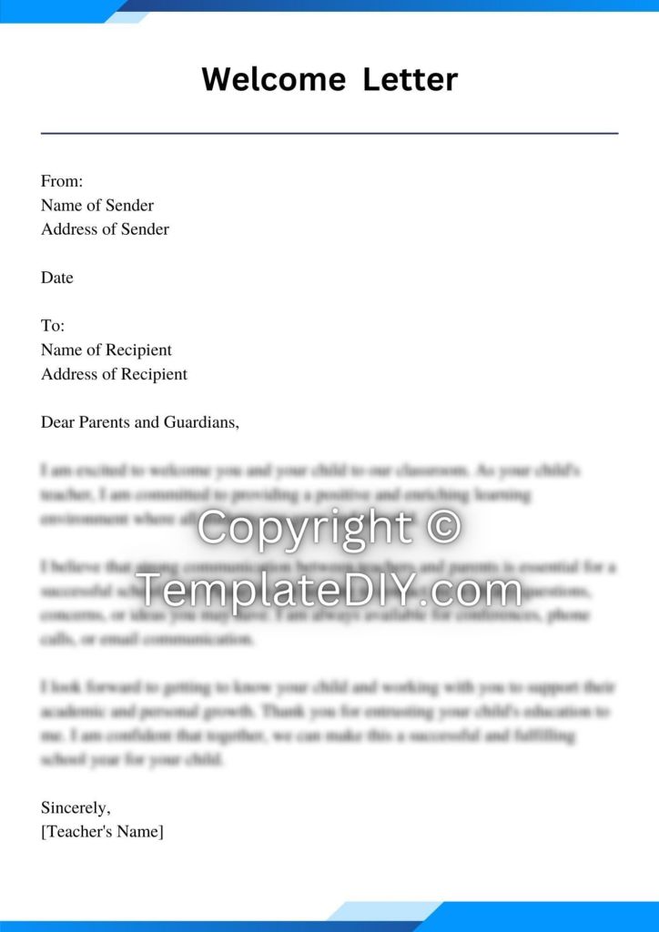 Welcome Letter to Parents from Teacher Sample [Word]