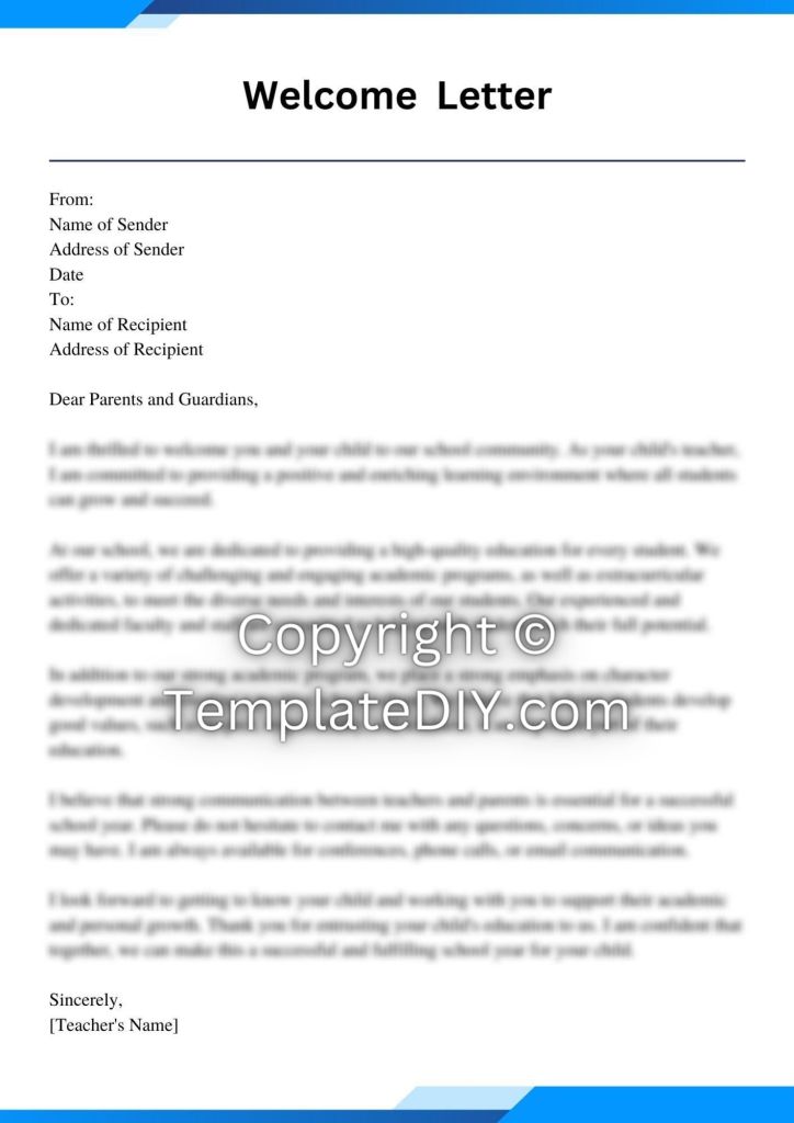 Welcome Letter to Parents from Teacher Sample [Word]