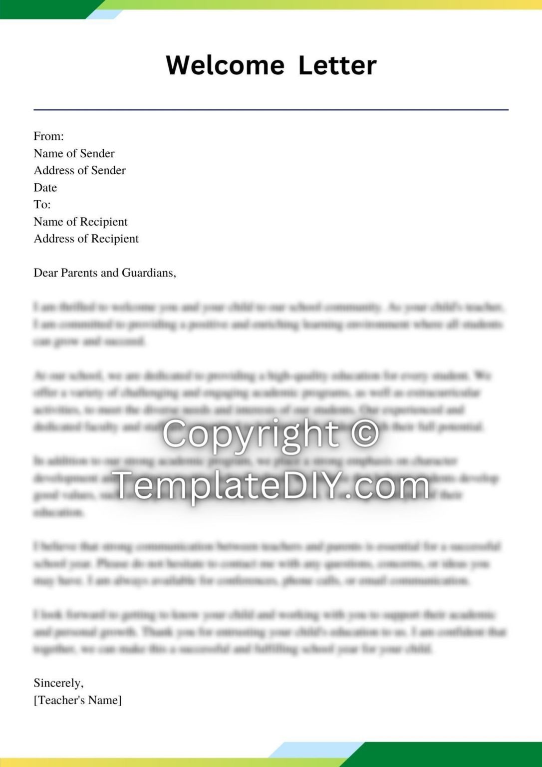 Welcome Letter to Parents from Teacher Sample [Word]