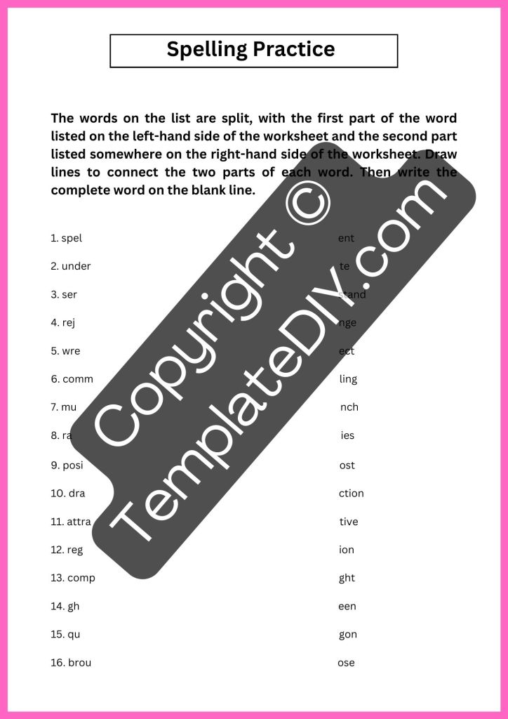 4th Grade Spelling Words Worksheets Template Printable PDF