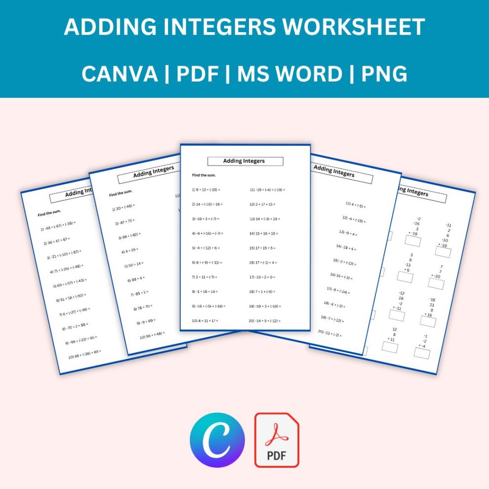 Adding Integers Worksheet Printable Template PDF, Word