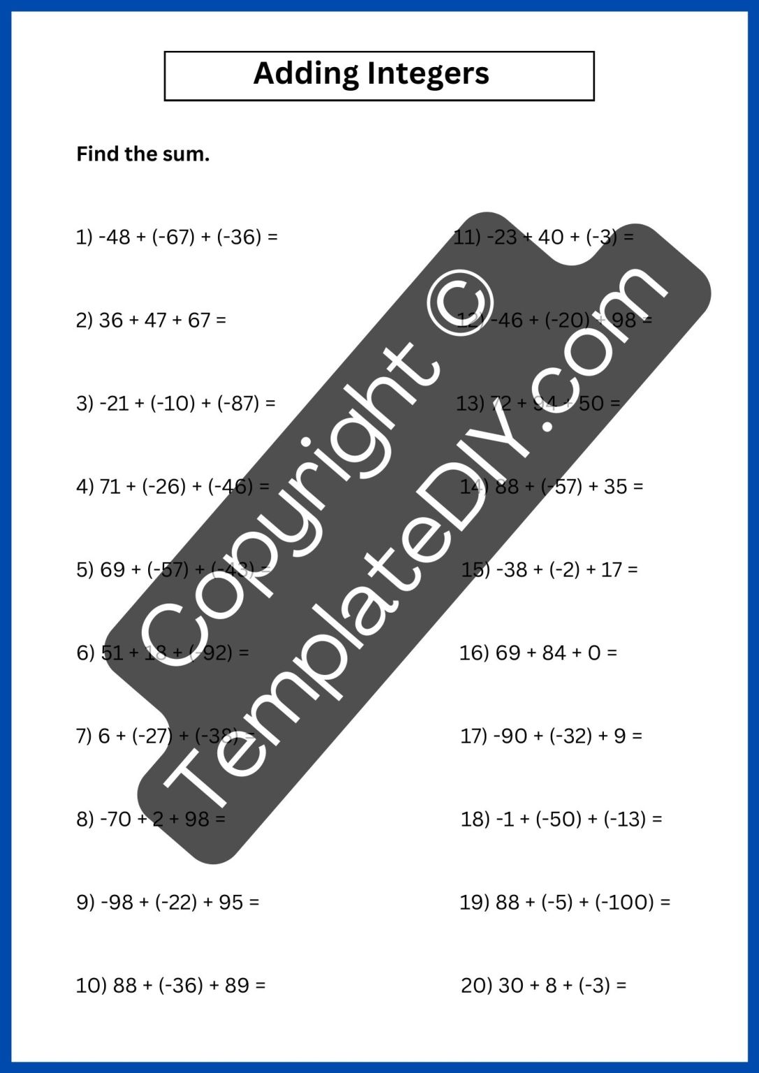 Adding Integers Worksheet Printable Template PDF, Word
