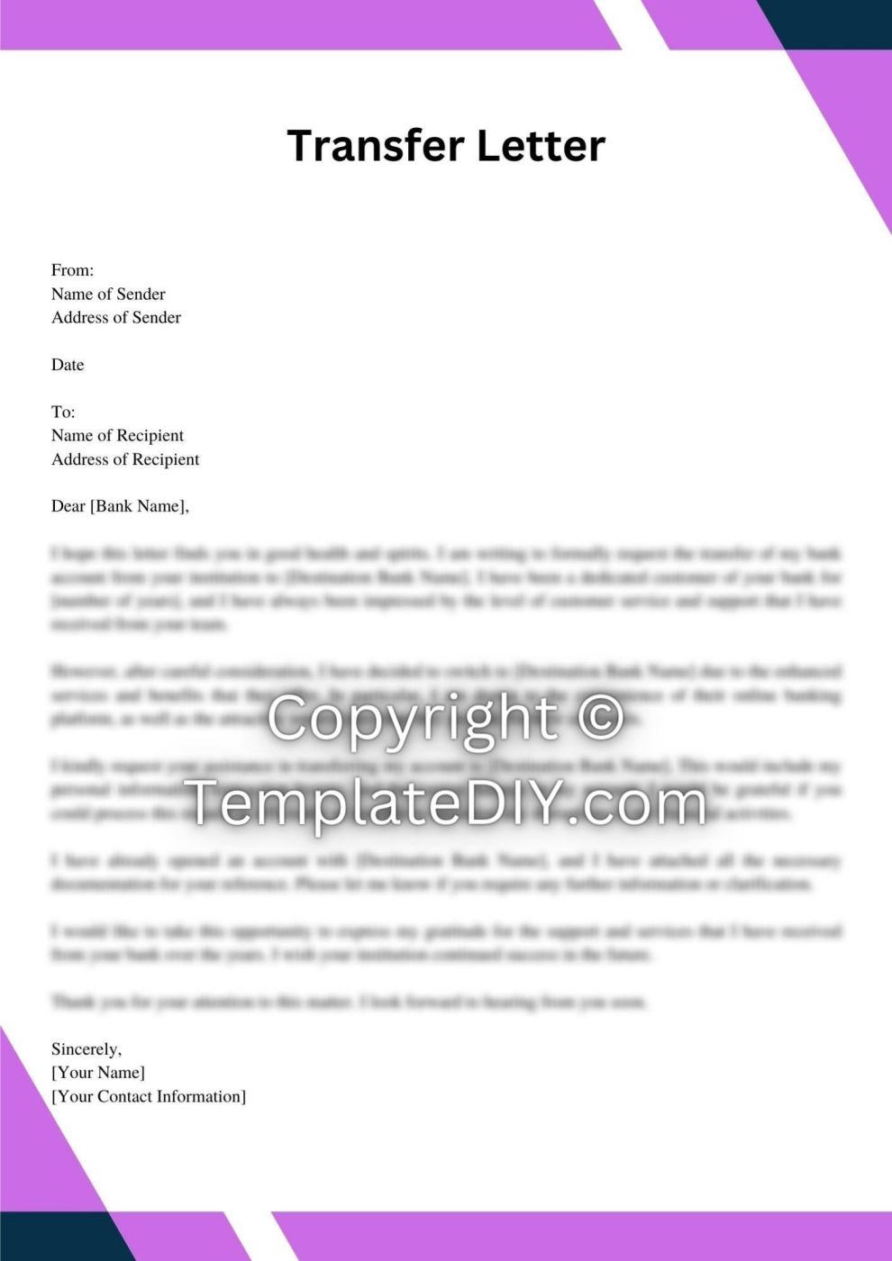 Bank Account Transfer Request Letter Template – Download Now