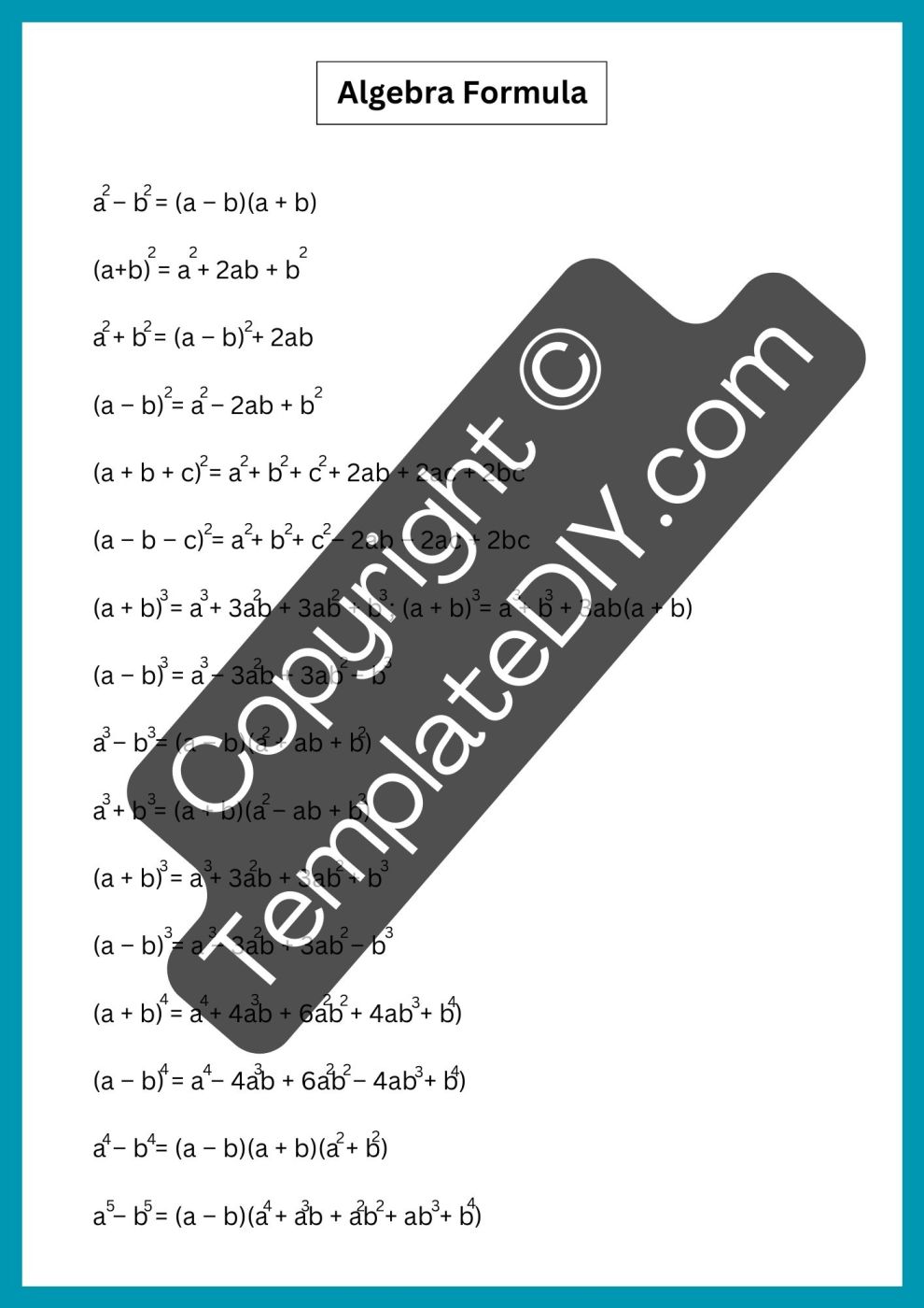 Basic Algebra Formula Chart Template Printable PDF, Word