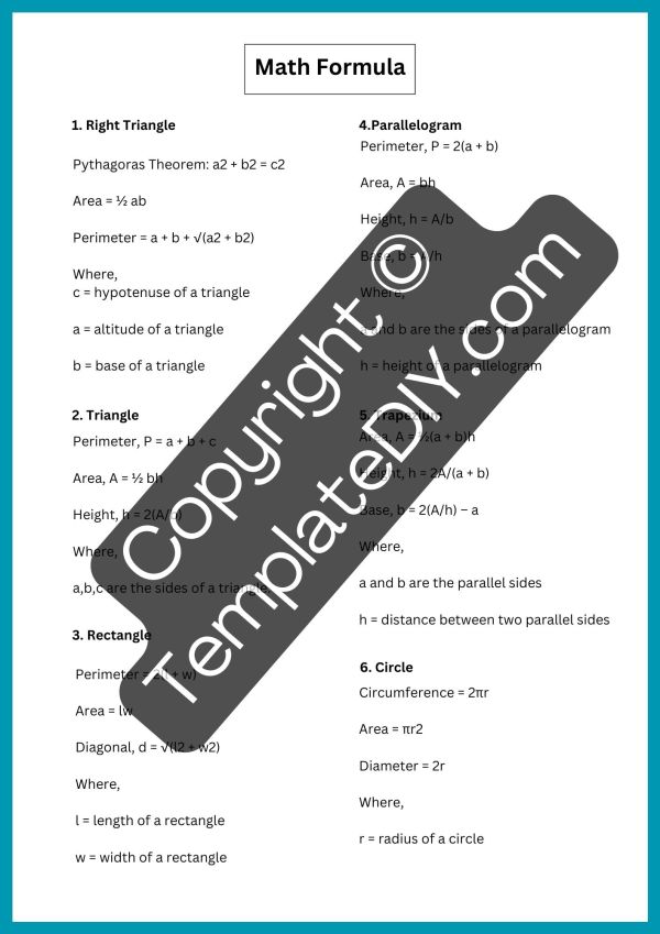 Basic Math Formulas Chart Template Printable PDF, Word