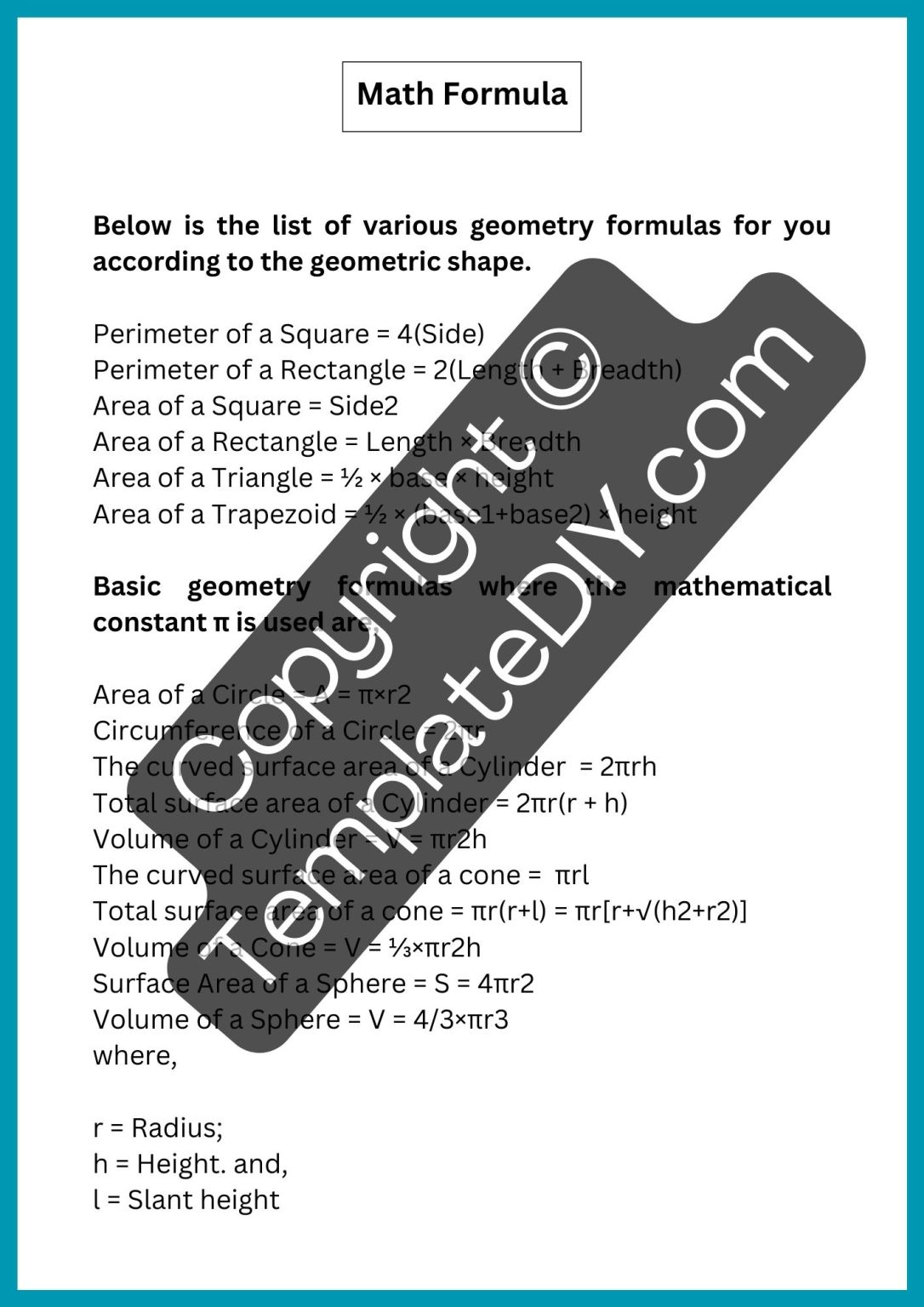 Basic Math Formulas Chart Template Printable PDF, Word