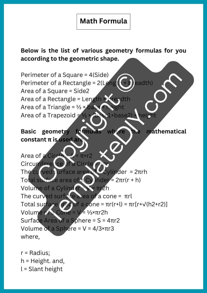 Basic Math Formulas Chart Template Printable PDF, Word