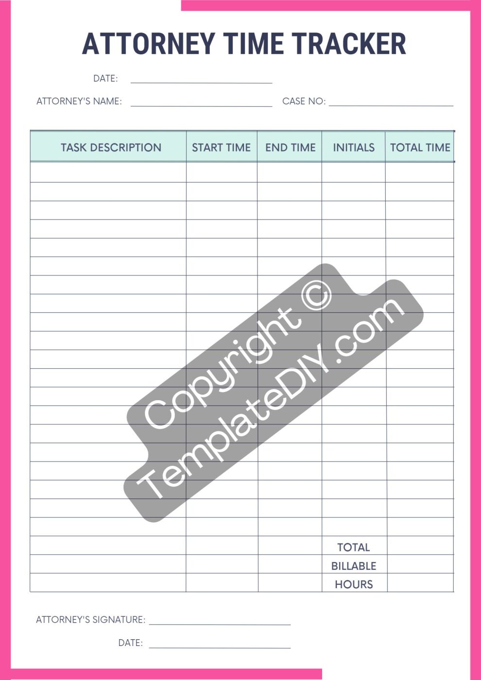 Attorney Time Tracking Template Blank Printable PDF, Word