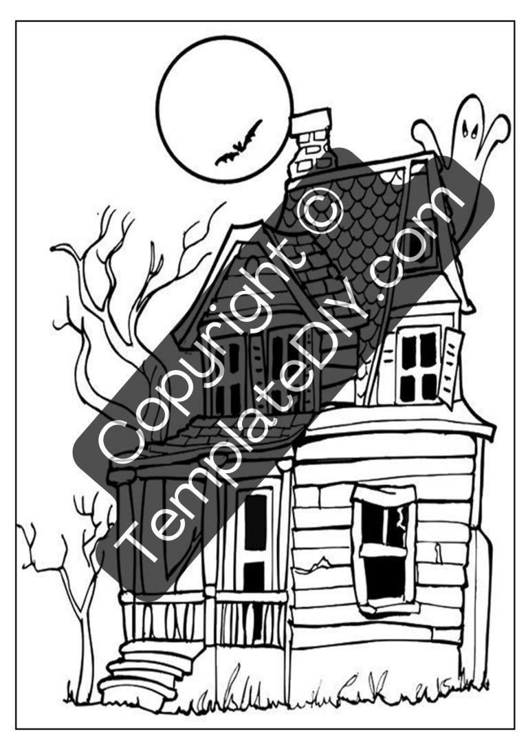 Haunted House Halloween Coloring Pages Template PDF