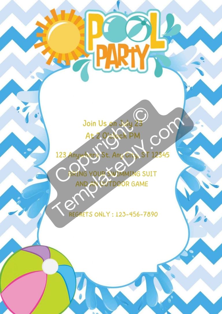 Pool Party Invitation Template Blank Printable PDF, Word