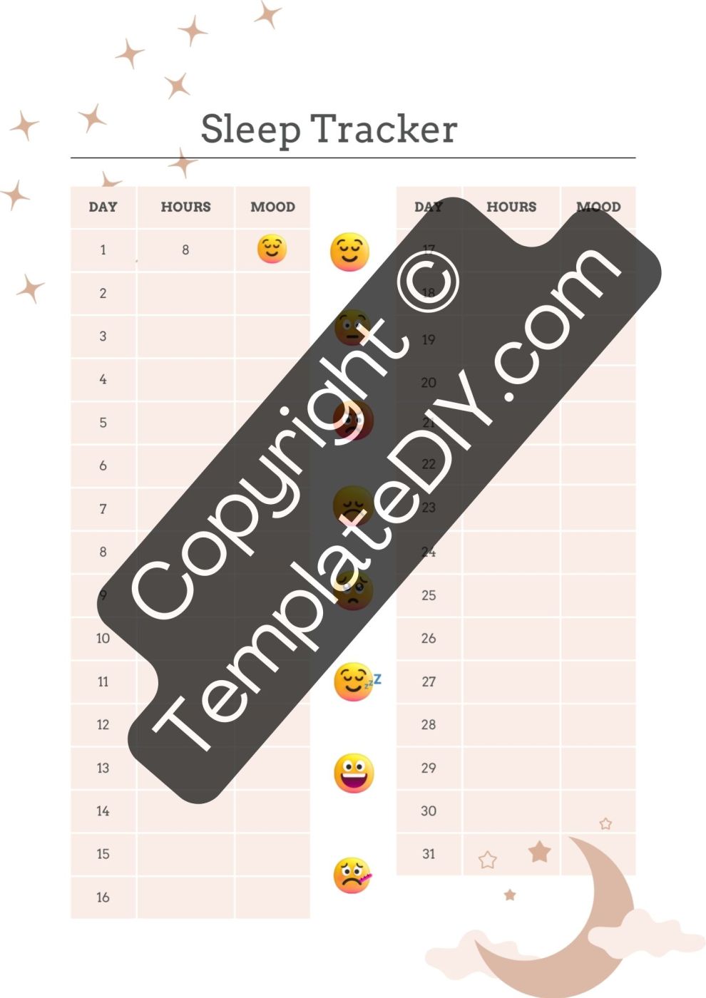 Sleep Tracker Excel Template Blank Printable PDF, Word