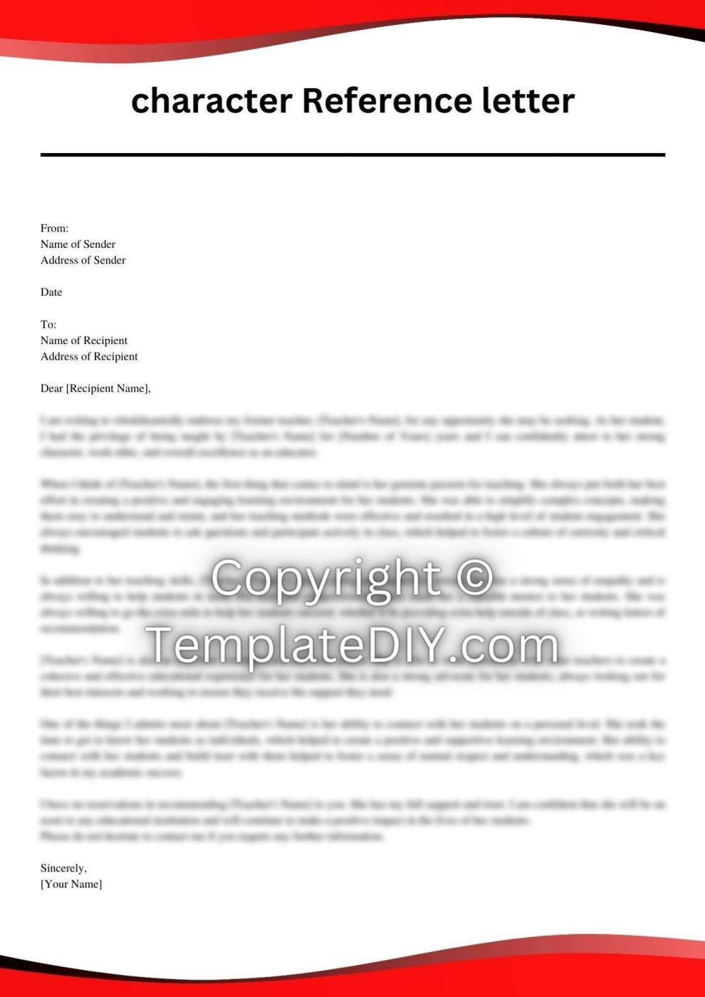 Character Reference Letter for A Teacher Sample Examples