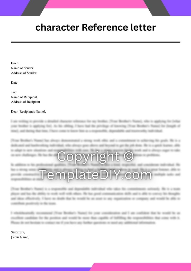 Character Reference Letter For My Brother Sample [Word]