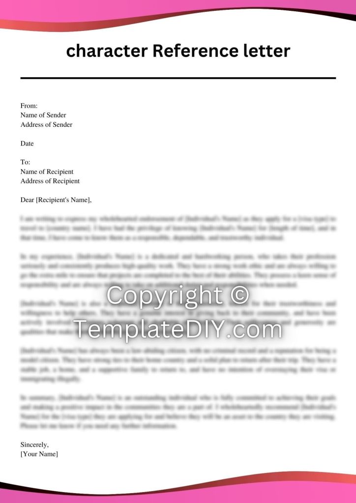 Character Reference Letter For Visa Application Sample -Word