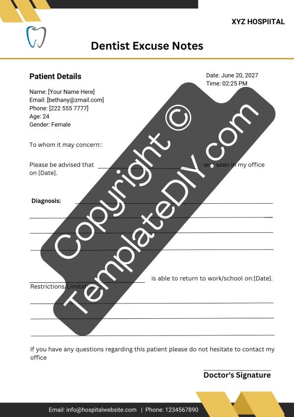 Printable Dentist Excuse Note Template PDF & Word | Download Now