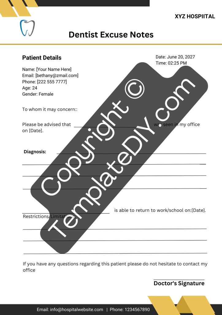 Printable Dentist Excuse Note Template PDF & Word | Download Now