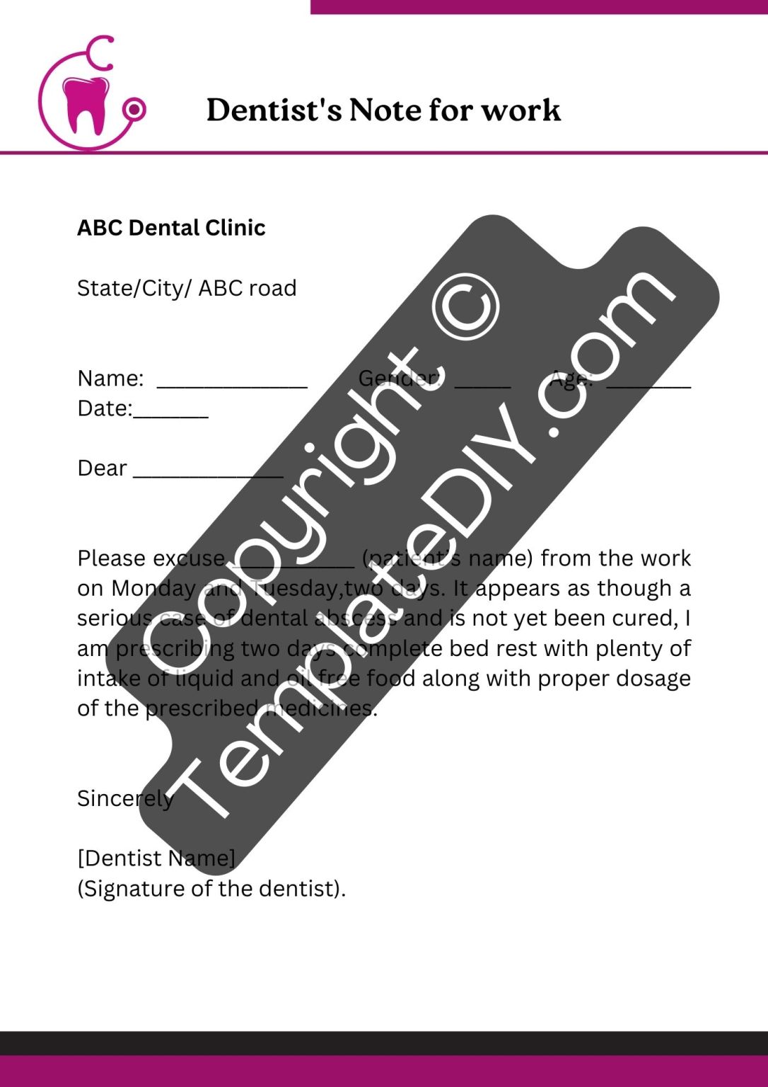 Dentist Note for Work Printable Template in Word [Editable]