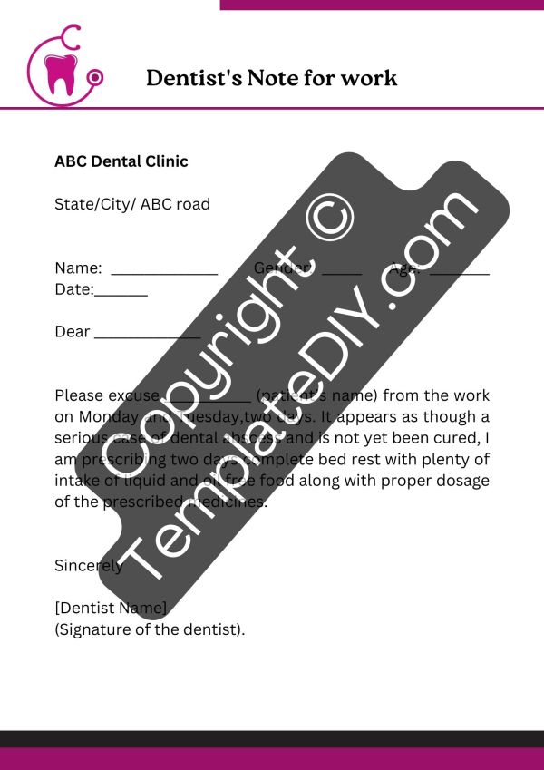 Dentist Note for Work Printable Template in Word [Editable]
