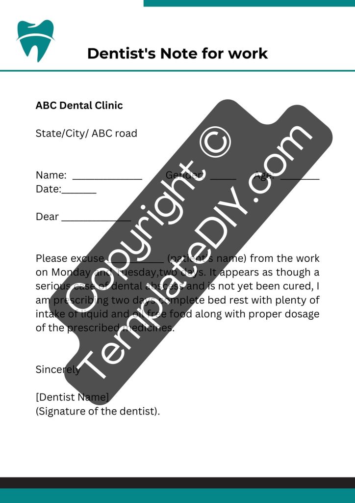 Dentist Note for Work Printable Template in Word [Editable]