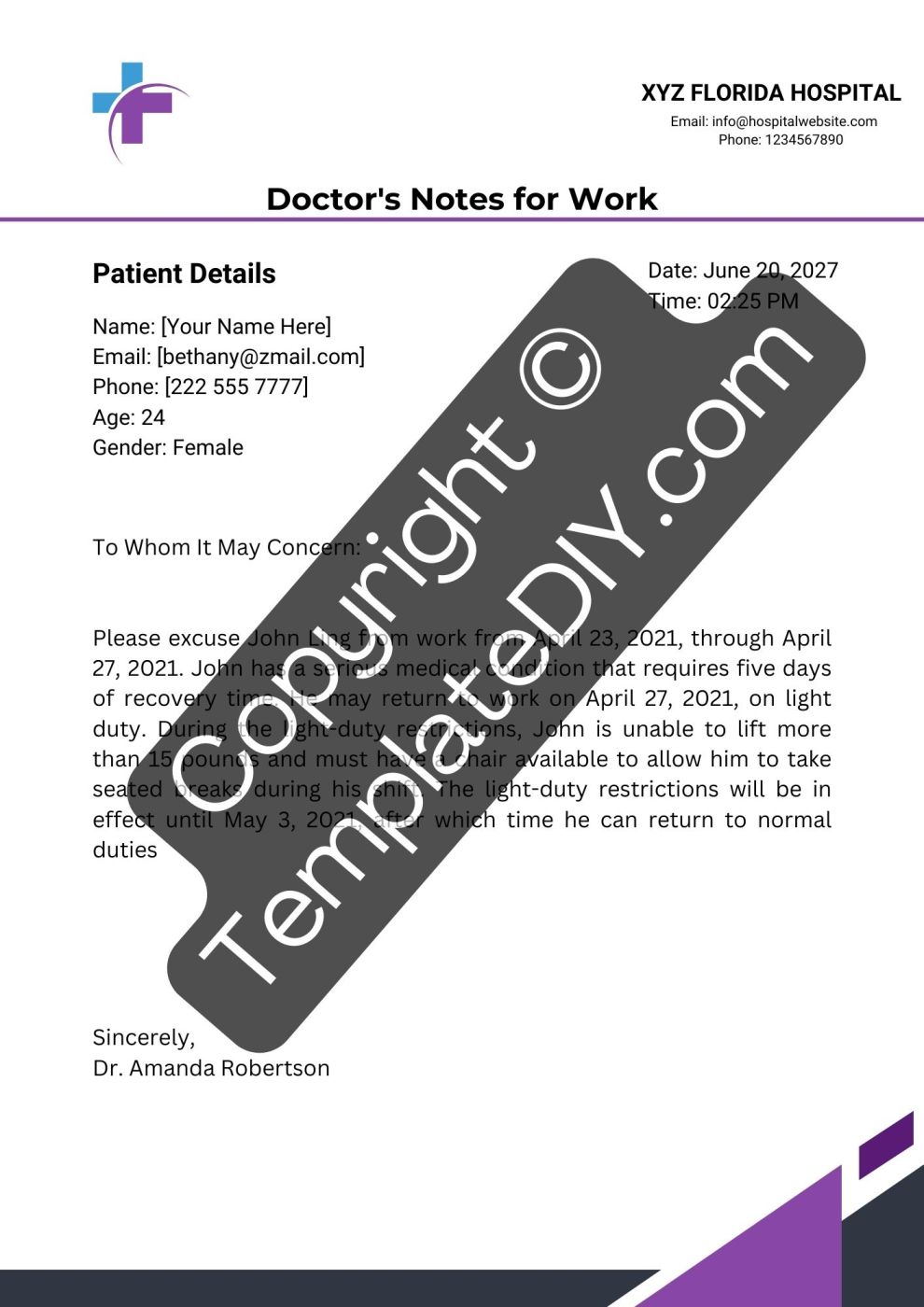 Doctors Note for Work Florida Printable Template Pdf, Word