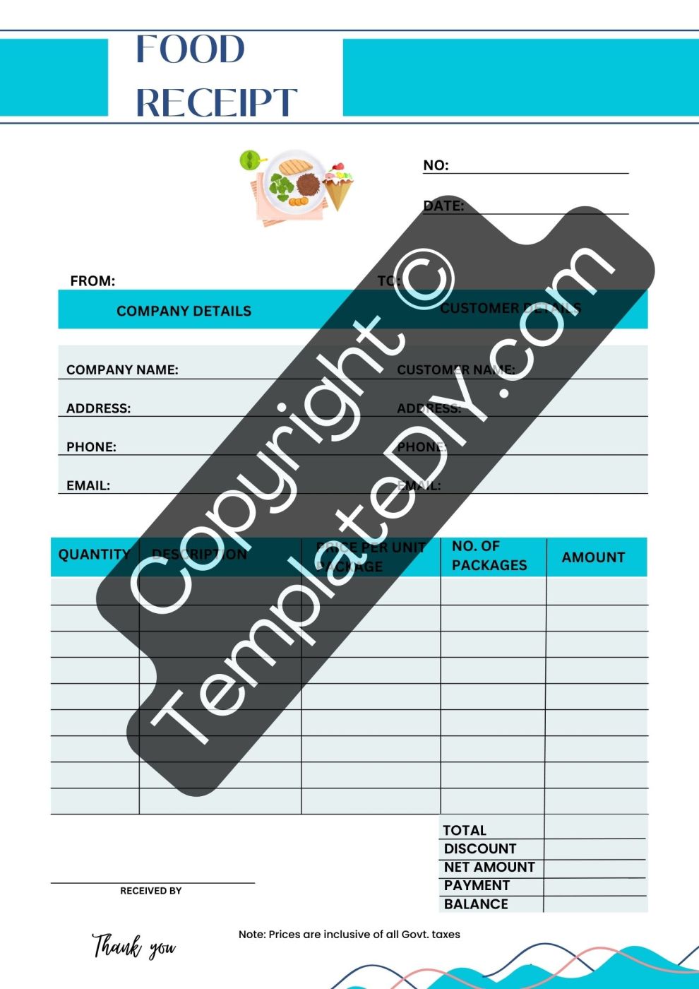 Food Bill Receipt Template Blank Printable PDF, Excel, Word