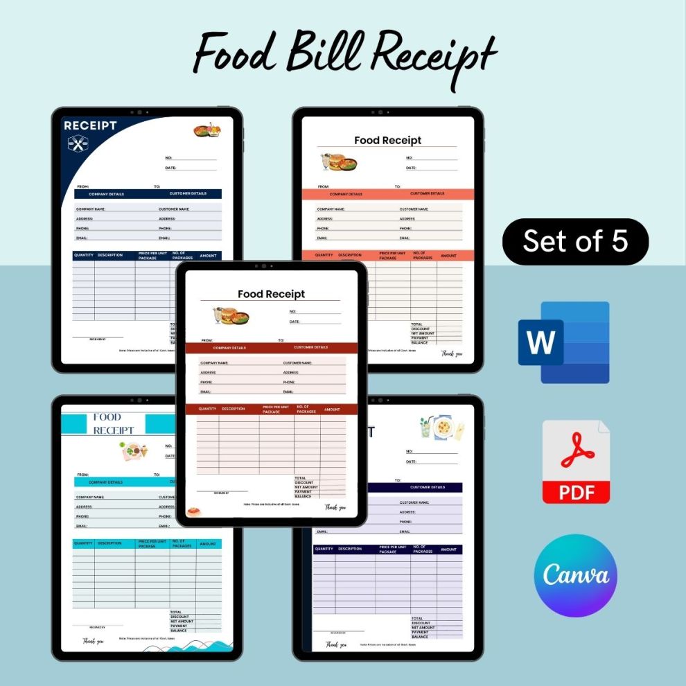 Food Bill Receipt Template Blank Printable PDF, Excel, Word