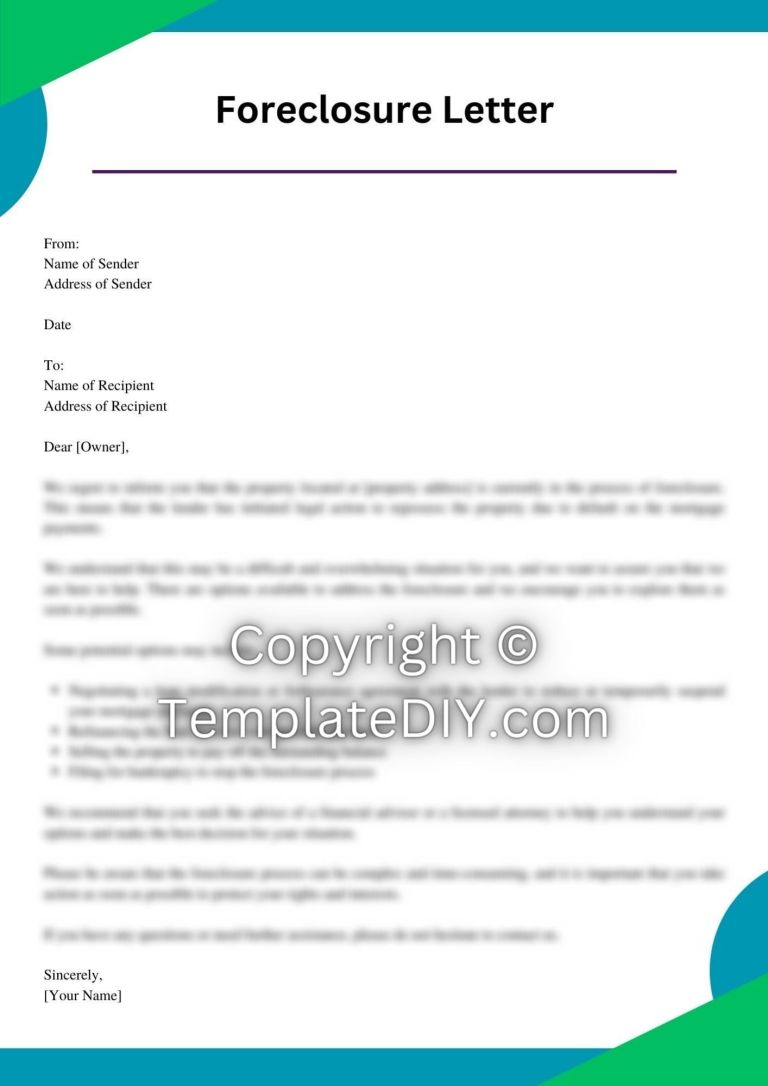 Foreclosure Letter to Owner Sample Template with Examples