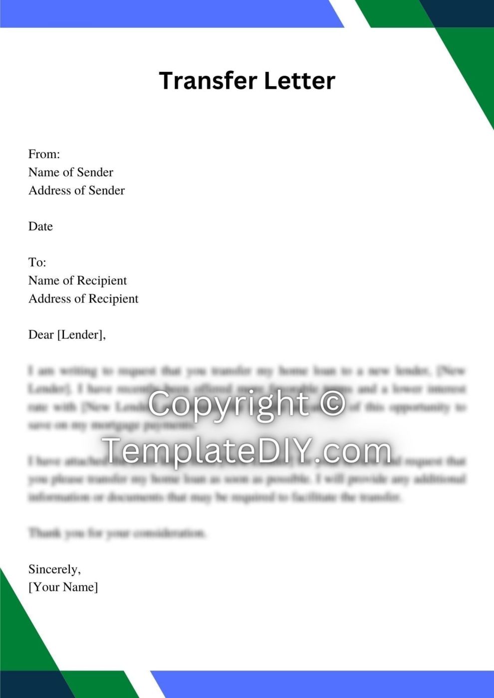 Home Loan Transfer Letter Template | Word Download