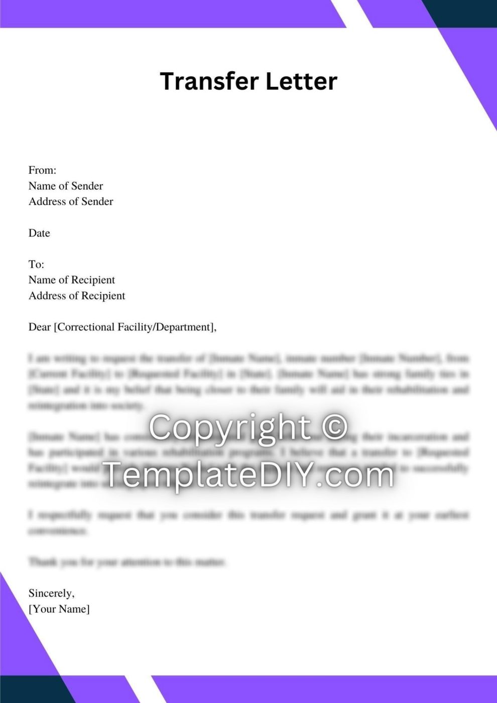 Inmate Transfer Request Letter Template | Printable Example