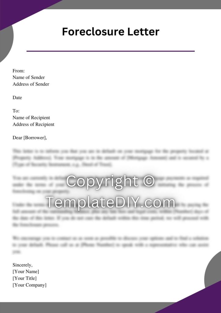 Intent to Foreclosure Letter Sample Template with Examples