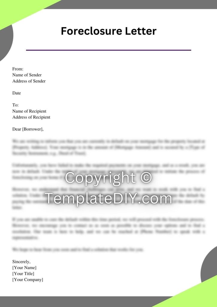 Intent to Foreclosure Letter Sample Template with Examples