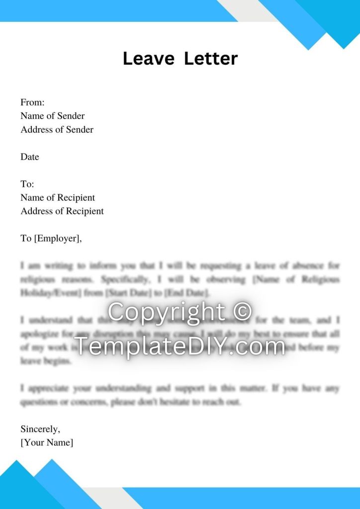 Sample Leave Letter for Religious Holiday – PDF & Word