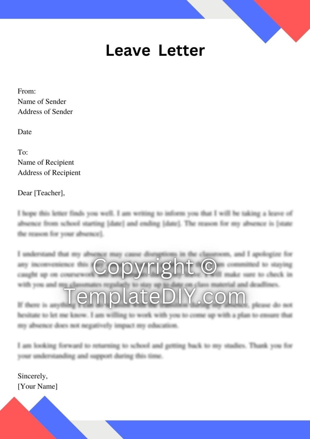 Leave Letter to Teacher Template | Download Word Format