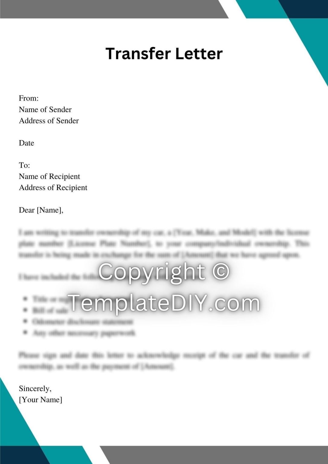 Letter of Car Ownership Transfer Sample with Examples