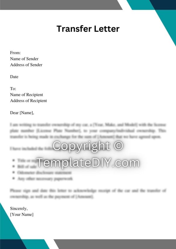 Letter of Car Ownership Transfer Sample with Examples
