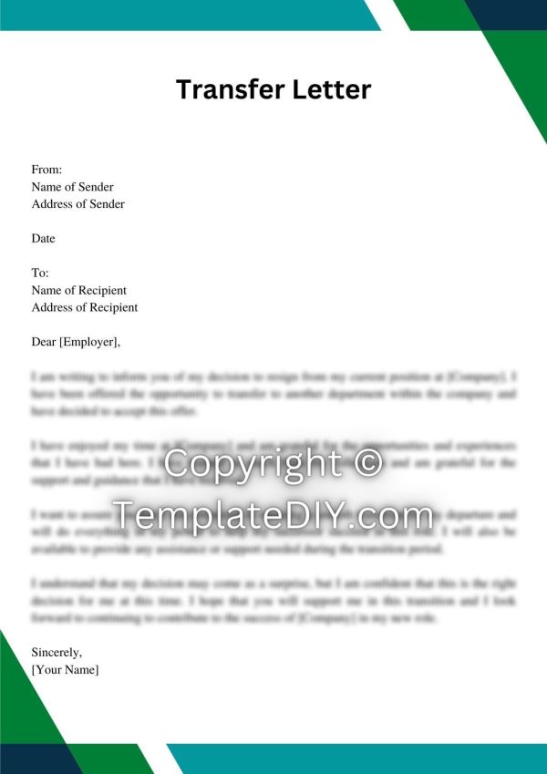 Letter of Resignation for Internal Transfer Template | Download Word