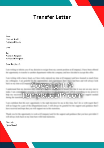 Letter of Resignation for Internal Transfer Template | Download Word