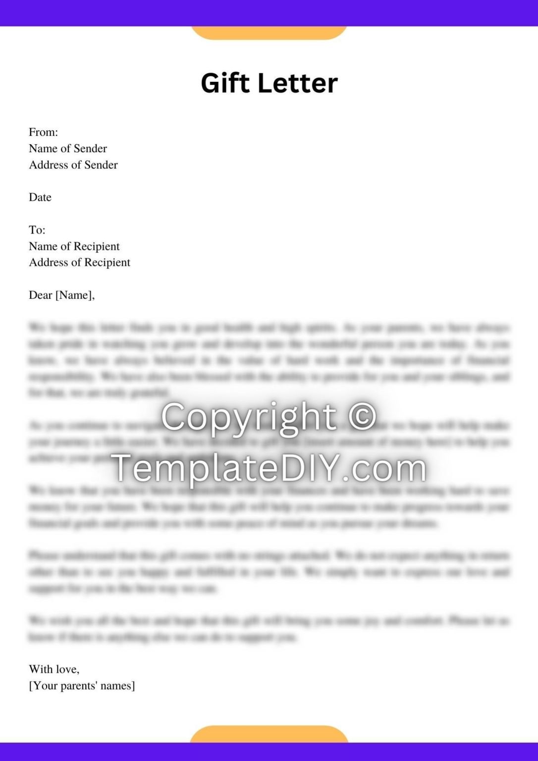 Money Gift Letter from Parents Template | Printable PDF